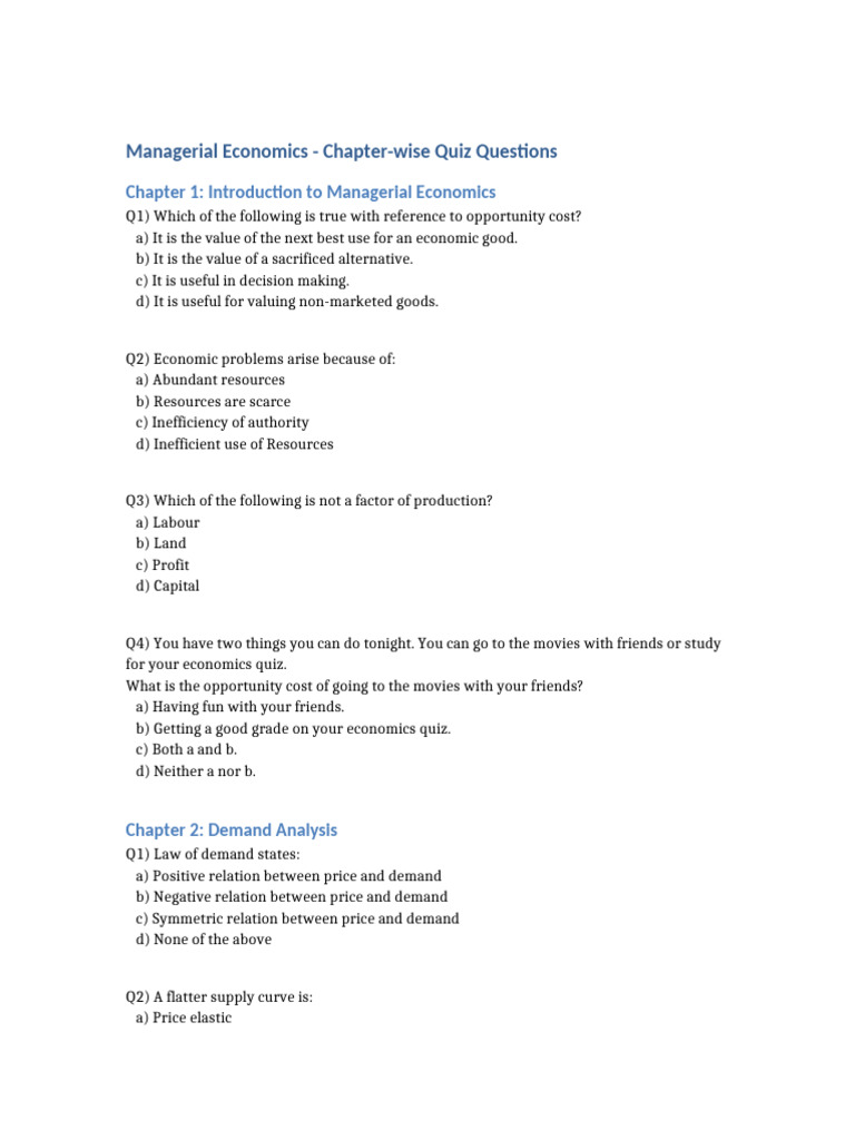 Managerial Economics Quiz Questions | PDF | Elasticity (Economics) | Demand