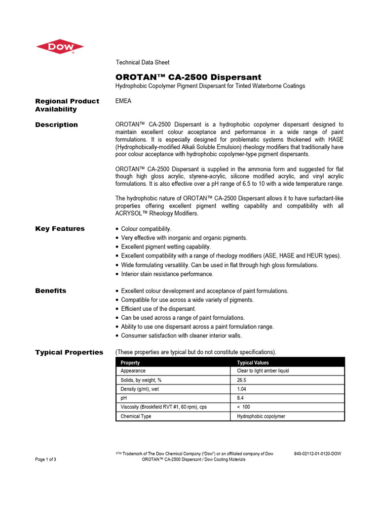843 02112 01 Orotan Ca2500 Dispersant Tds | PDF | Paint | Acrylic Paint