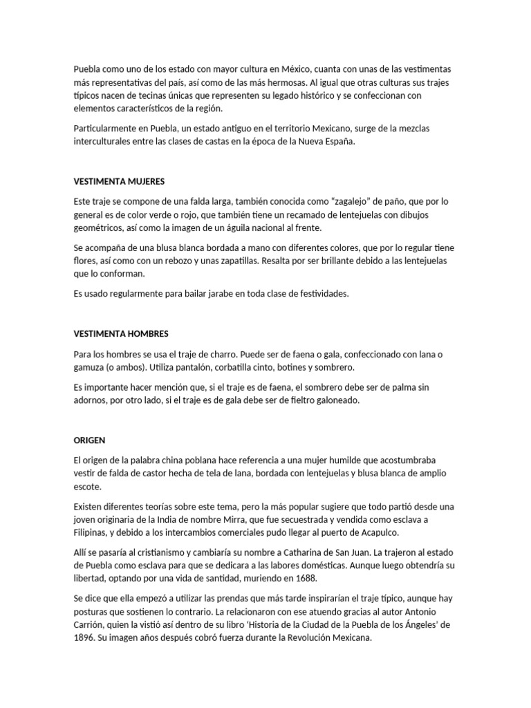 Trajes Típicos de Puebla: China Poblana y Charro | PDF | Ropa | Moda
