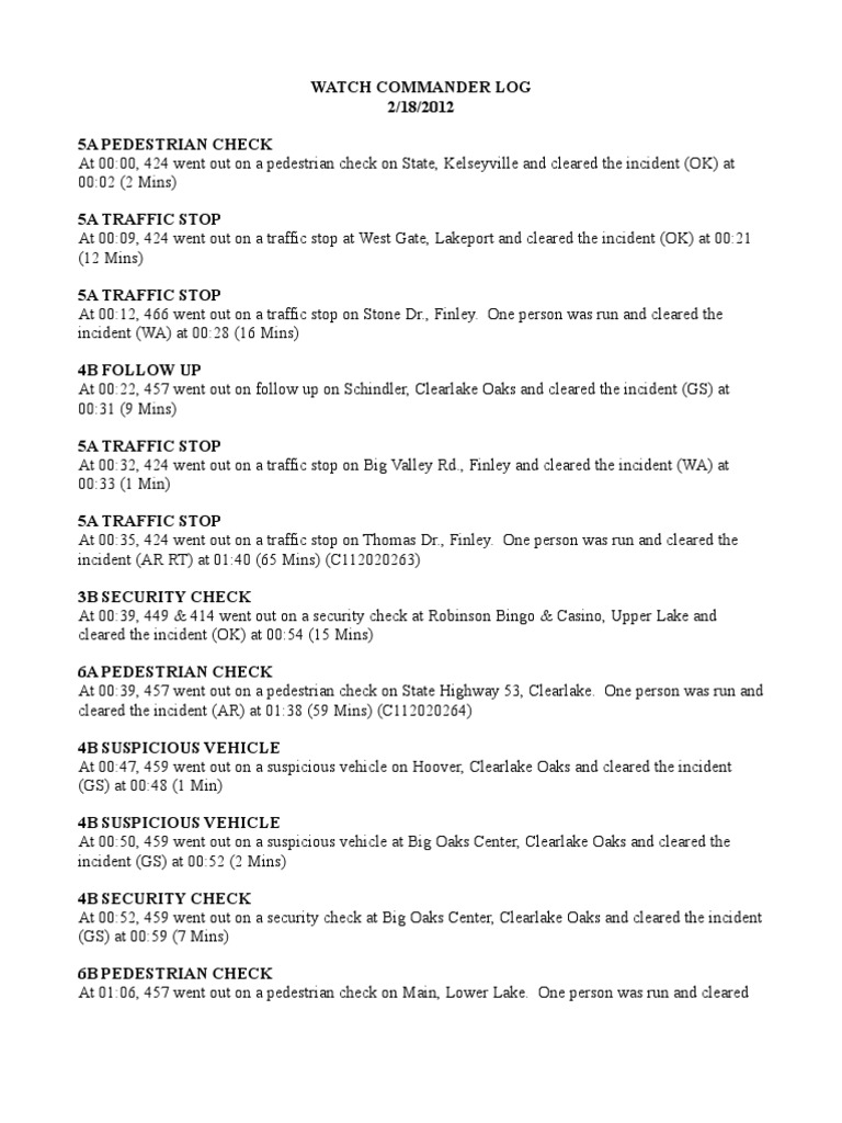 Lake County Sheriff's Watch Commander Logs | PDF | Traffic | Land Transport
