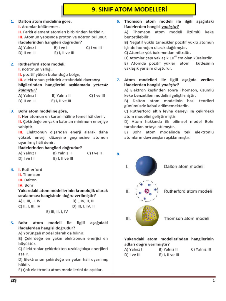 9. SINIF-ATOM MODELLERİ-NŞ | PDF