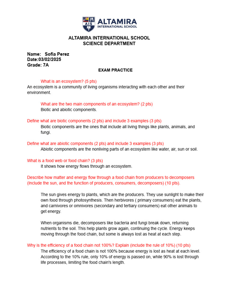 Sofia Alejandra Perez Vergara - Exam Practice I | PDF | Ecosystem | Foods