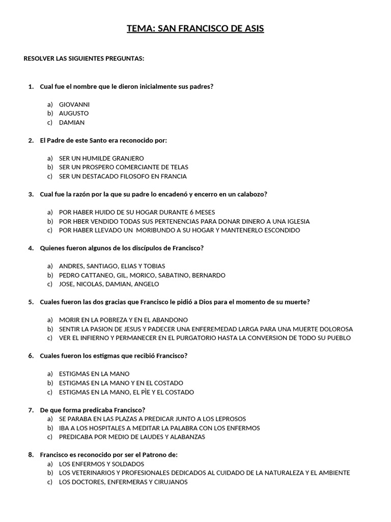 PREGUNTAS SAN FRANCISCO DE ASIS (1) | PDF