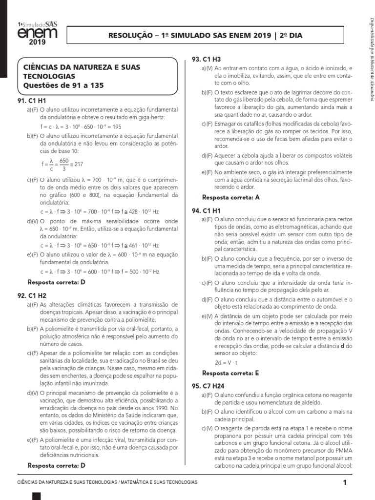1º Sas 2019 - Gab d2 @simuladosas | PDF | Ondas | Lâmpada incandescente
