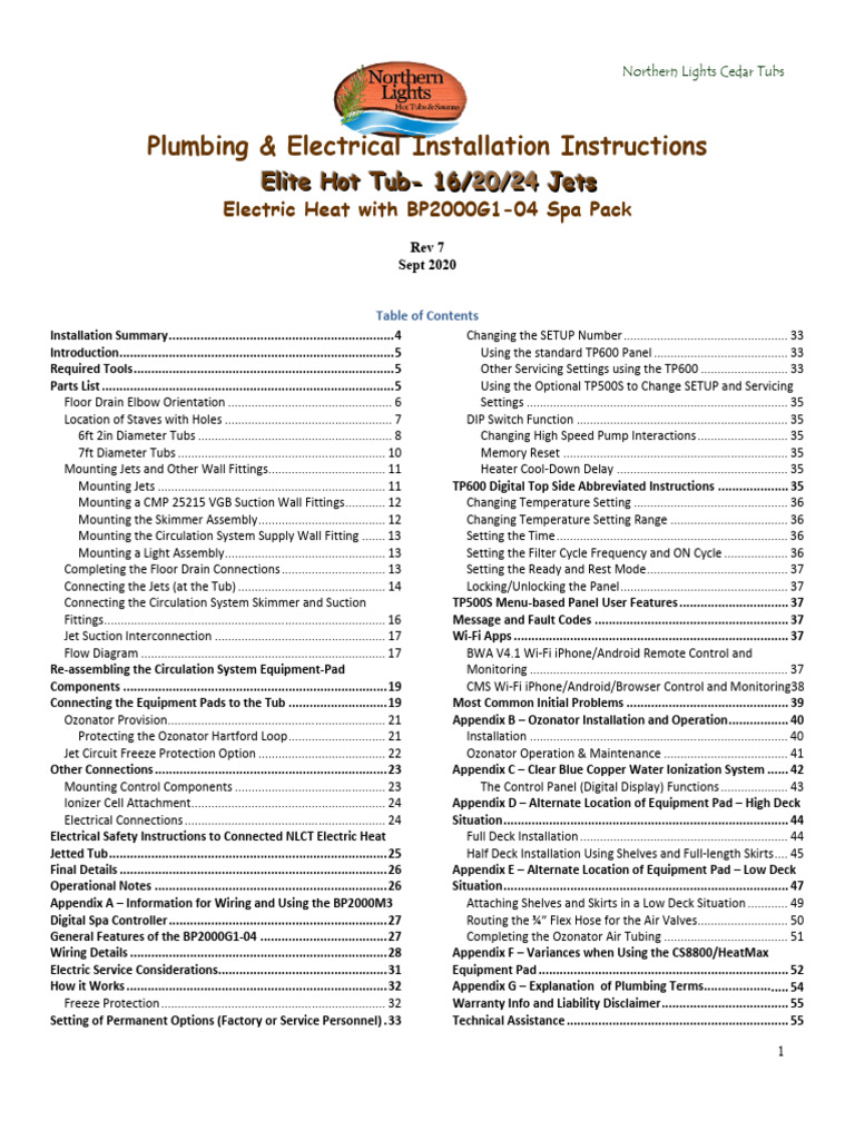 Plumbing and Electrical Installation Instructions- Elite Hot Tub- Elect ...