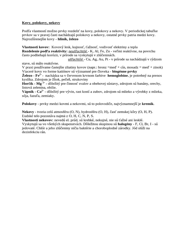 Kovy, Nekovy A Polokovy Poznámky | PDF