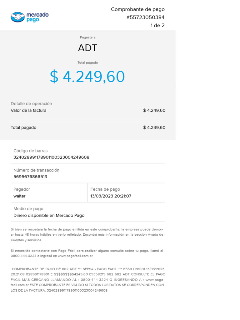 Comprobante de Pago ADT | PDF