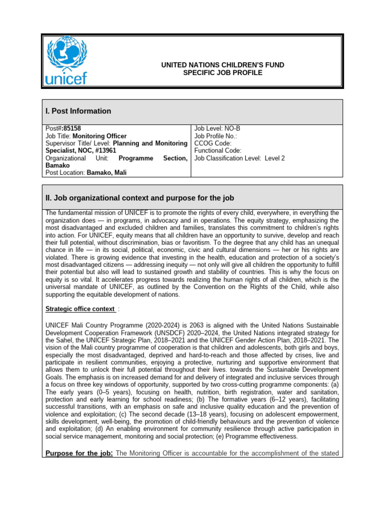 UNICEF Monitoring Officer Job Profile | PDF | Capacity Building ...