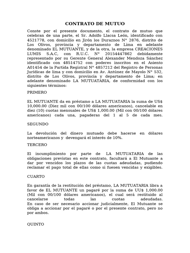 CONTRATO DE MUTUO - MODELO | PDF