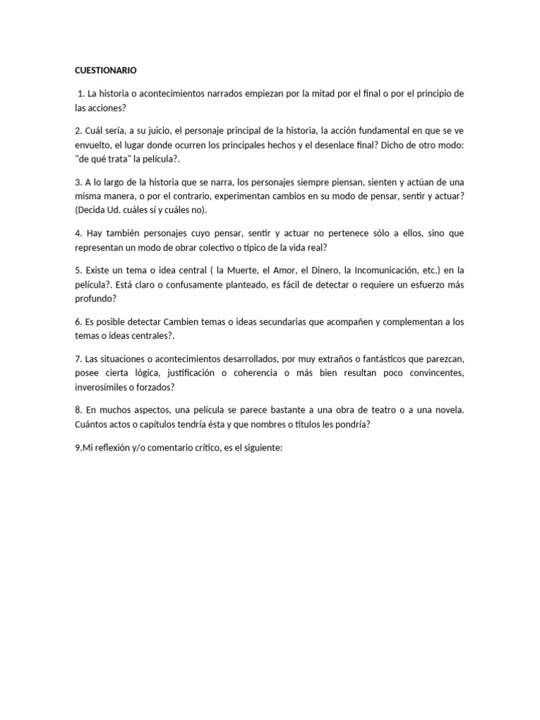 CUESTIONARIO para Películas | PDF