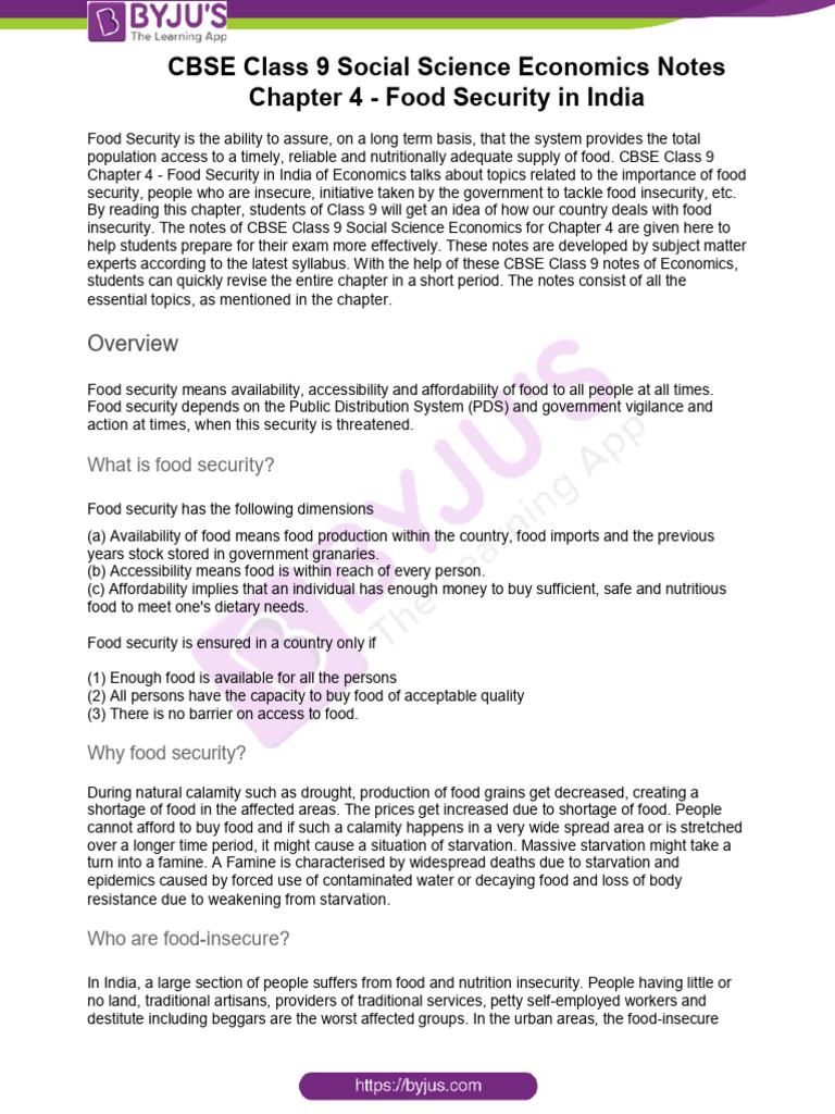Food Security in India: Class 9 Notes | PDF | Food Security | Cereals