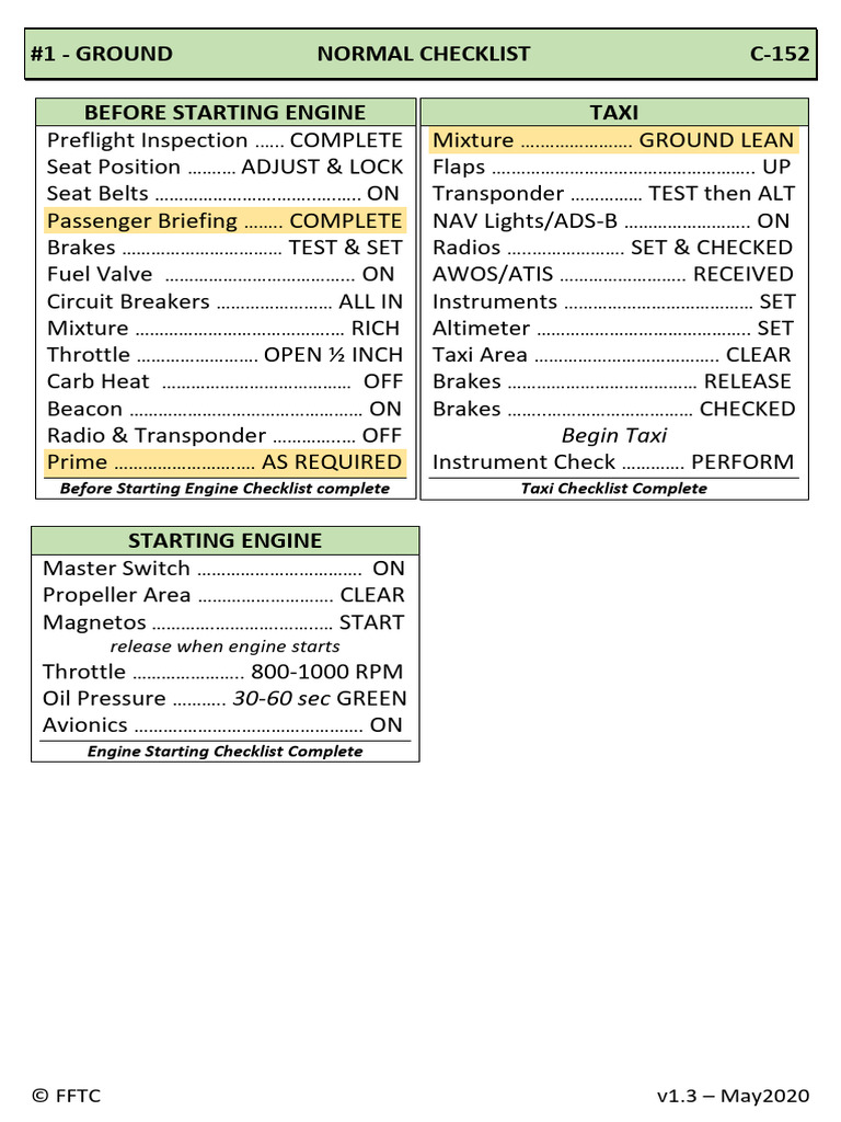 v1.3 C152 Checklist - APRIL 23 | PDF | Takeoff | Aviation