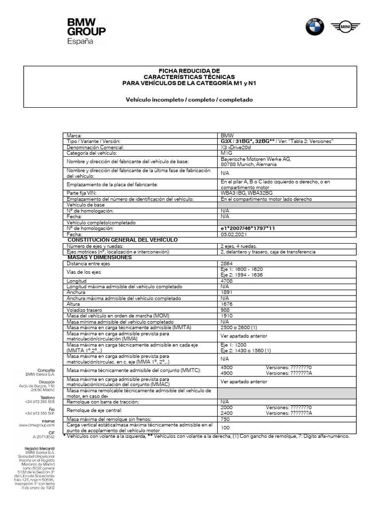 Ficha Reducida de Características Técnicas para Vehículos de La ...