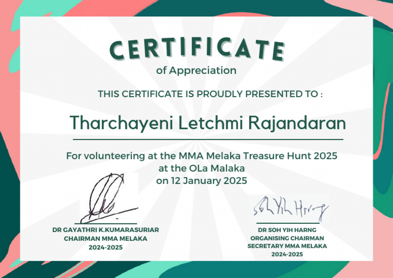 Certificate For Appreciation - Treasure Hunt 2025 - Tharchayeni Letchmi ...