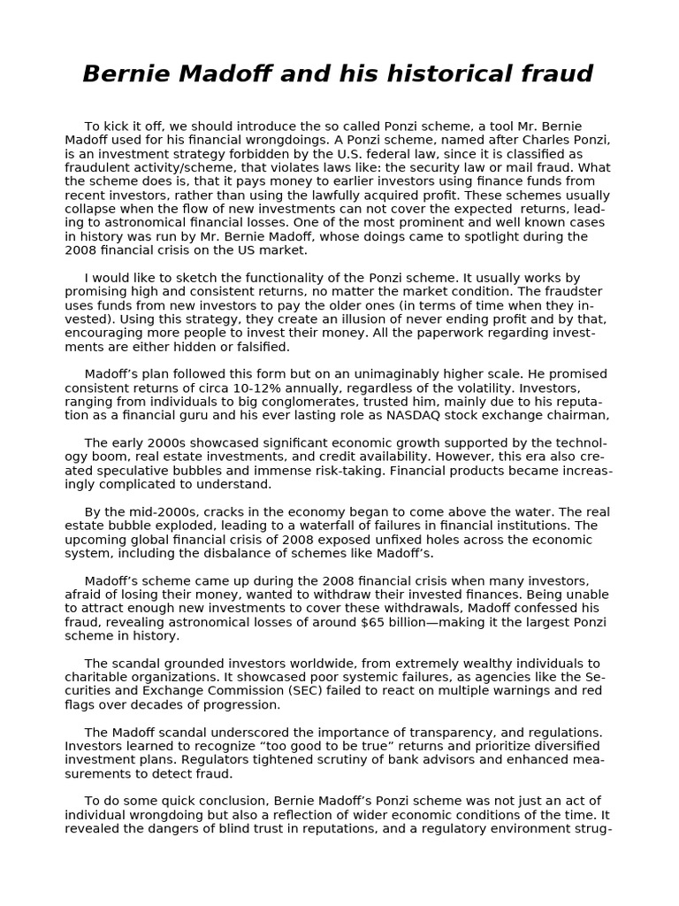Bernie Madoff and His Ponzi Scheme | PDF | Ponzi Scheme | Financial Crises