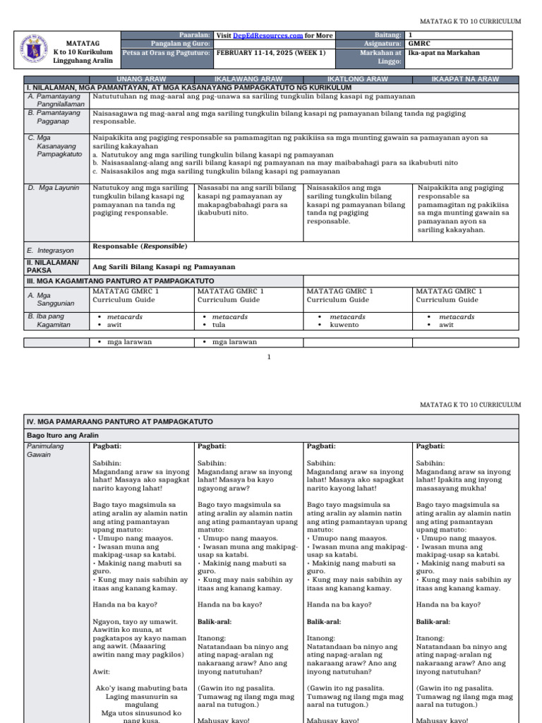 DLL Matatag - GMRC 1 - Q4 - W1 | PDF