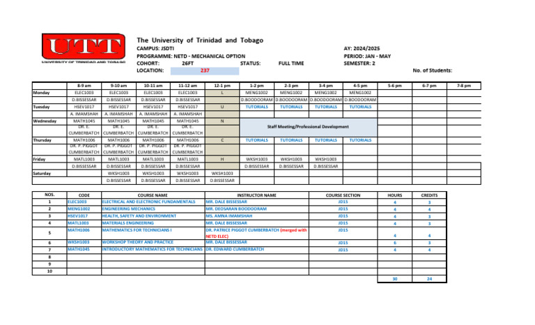 UTT Mechanical Engineering Schedule 2024 | PDF | Engineering