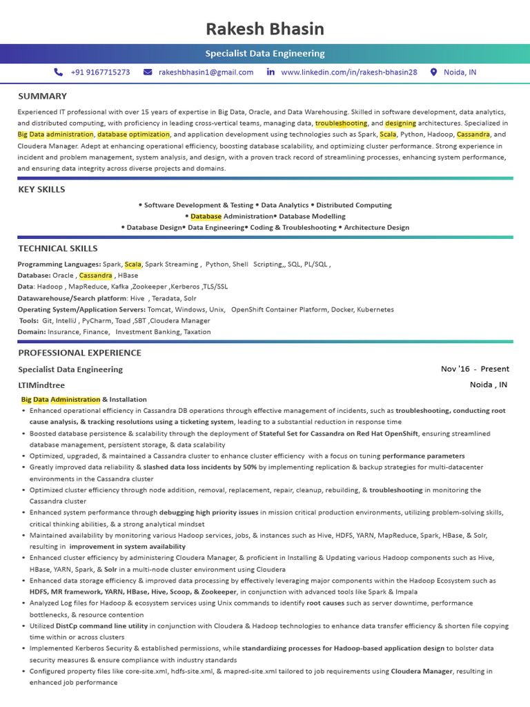 Rakesh Bhasin DBA-Cassandra Kimbal | PDF | Apache Hadoop | Computer Cluster
