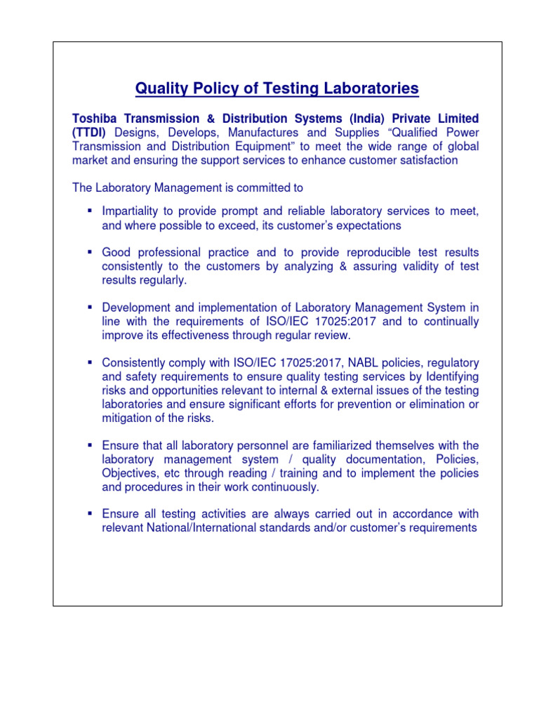 Quality Policy Testing Laboratory NABL | PDF