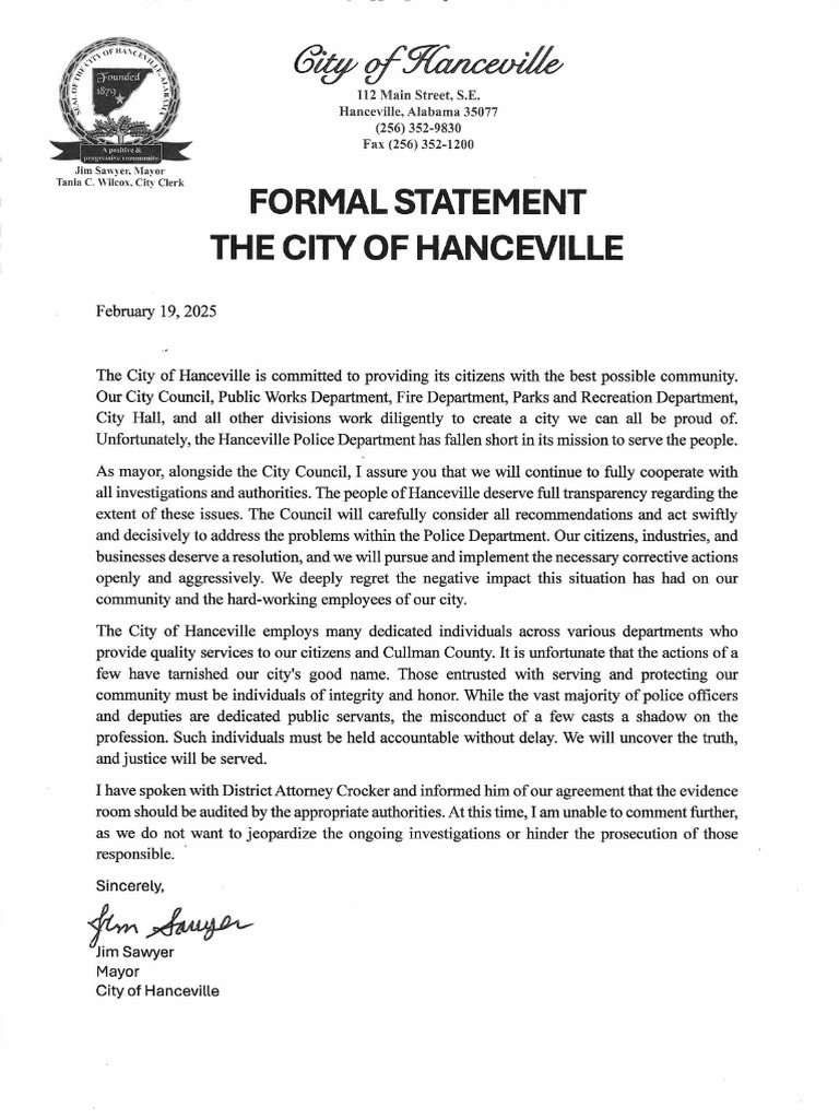 Statement From The City of Hanceville | PDF