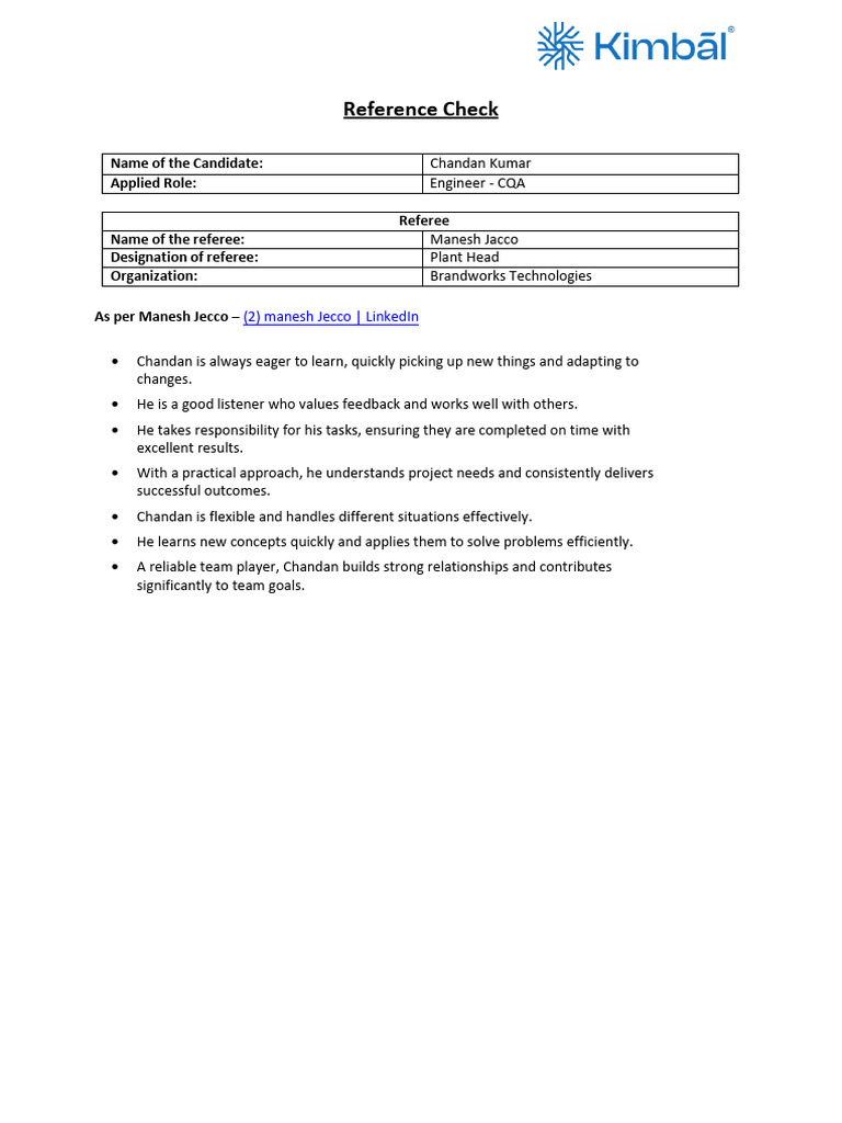 Reference Check for Engineer Candidate | PDF