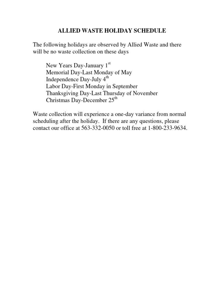 Allied Waste Holiday Schedule | PDF