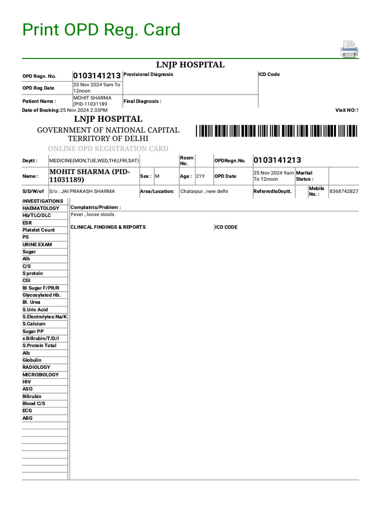 Mohit LNJP Opd | PDF