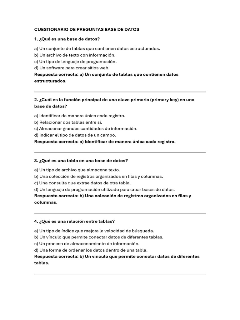 Cuestionario de Preguntas Base de Datos | PDF | Base de datos relacional | Bases de datos