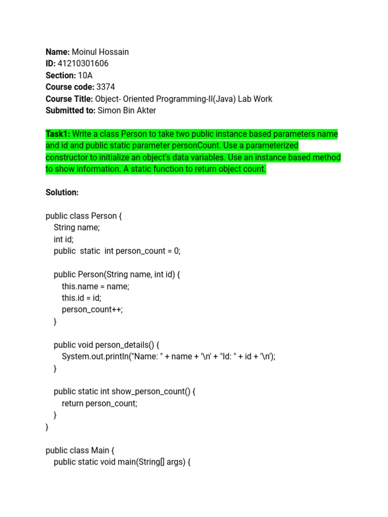 Moinul Hossain 10a Lab01 | PDF | Constructor (Object Oriented Programming) | Programming