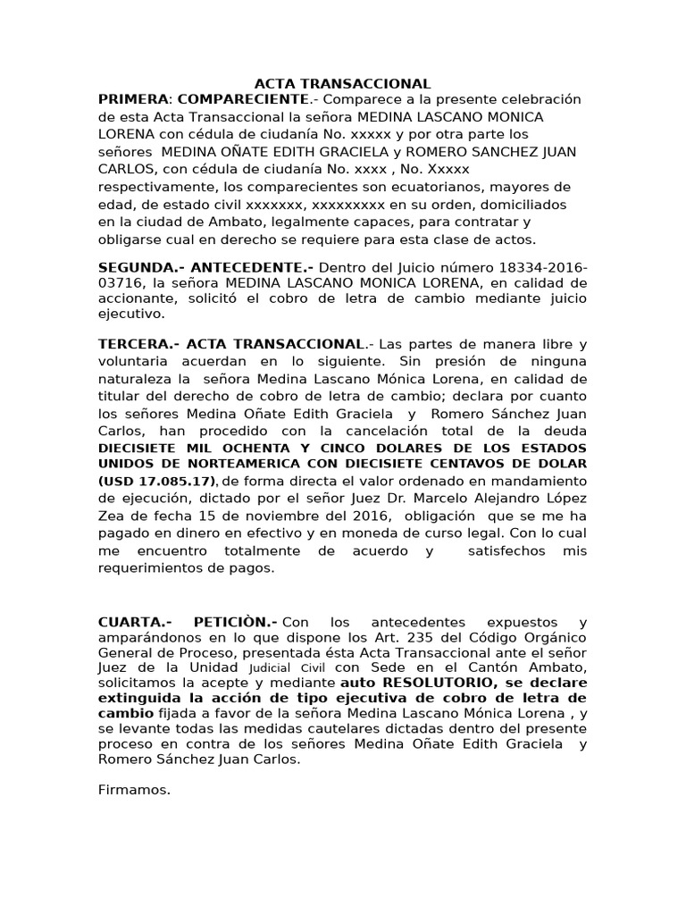 Acta Transaccional de Cobro de Deuda | PDF
