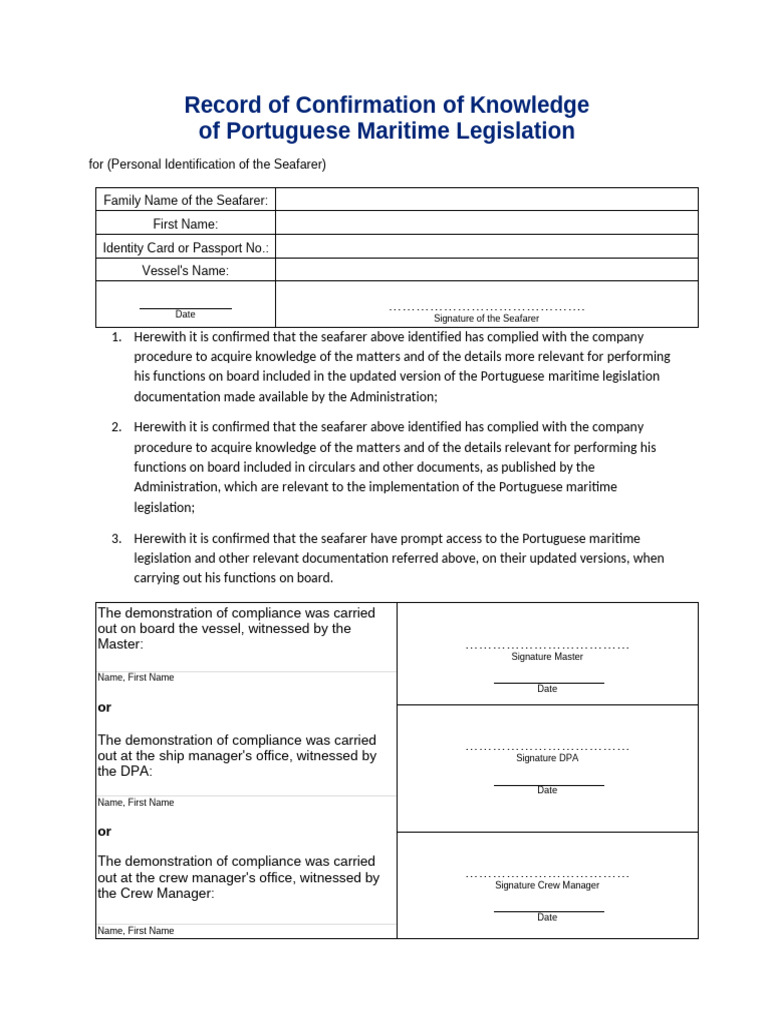 Seafarer Knowledge Confirmation Record | PDF | Identity Document ...