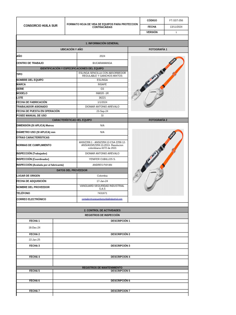 Ft-Sst-056-Formato Hoja de Vida de Equipos para Proteccion Contracaidas | PDF | Informática