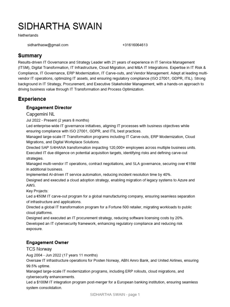 Resume SIDHARTHA SWAIN Spotler Group | PDF | Cloud Computing ...