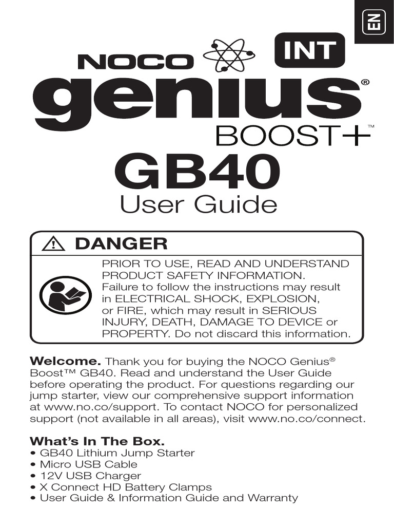 Noco Genius Boost gb40 User Guide English | PDF | Battery Charger ...