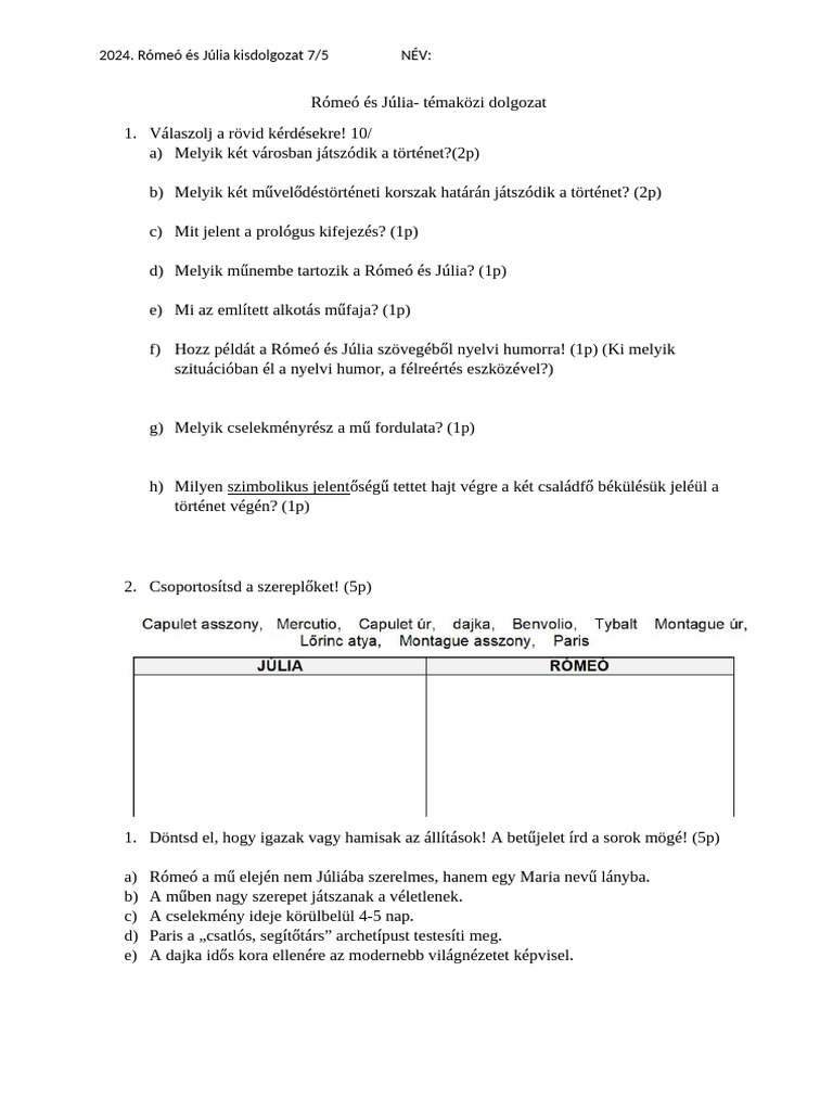Rómeó és Júlia dolgozat | PDF