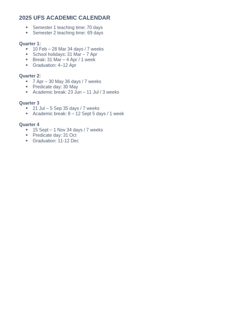 2025 UFS Academic Calendar Overview | PDF | Educational Stages | Higher ...