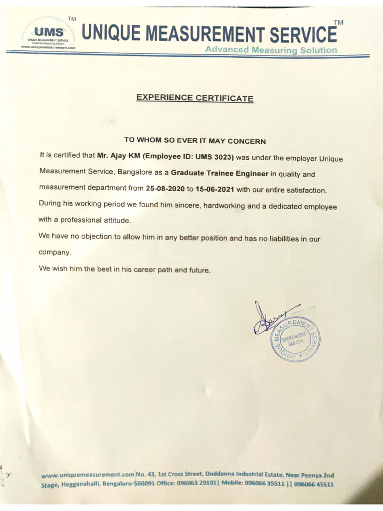 Ums - Experience Certificate | PDF