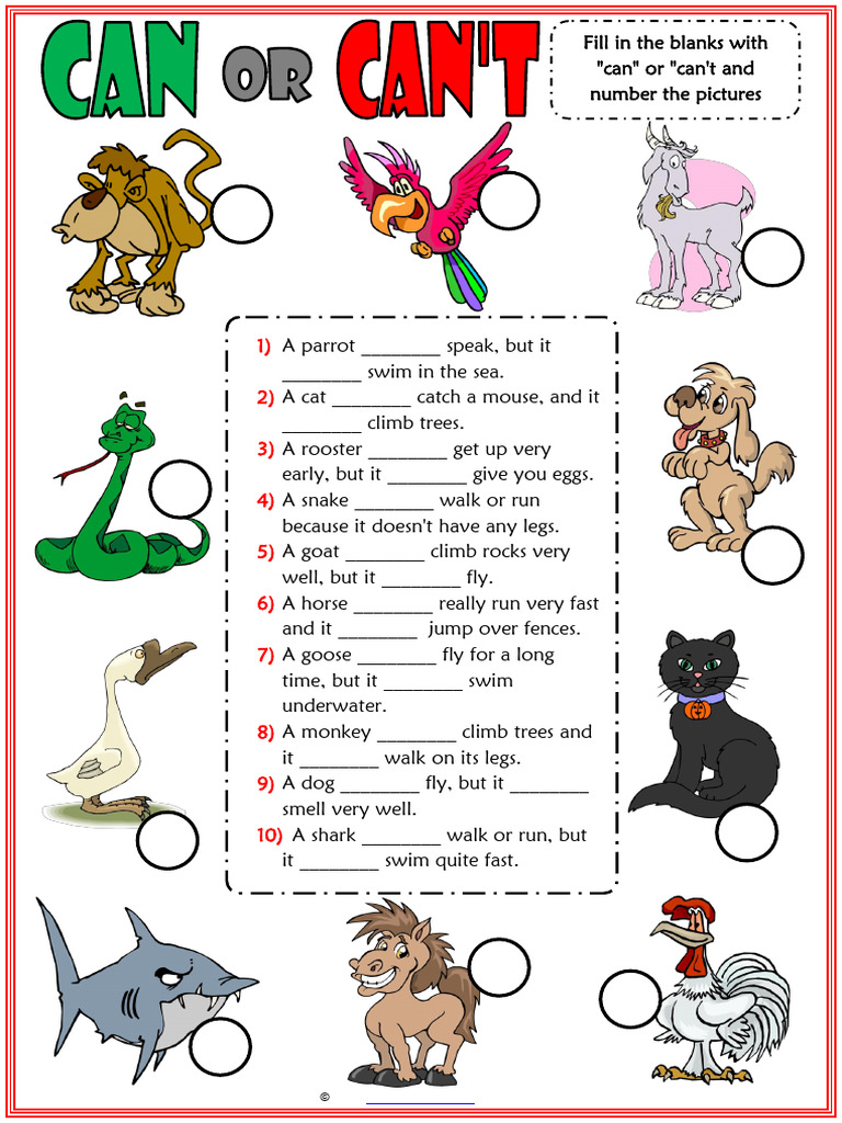 Can or Can't Esl Worksheet With Animals Vocabulary For Kids | PDF | Zoology