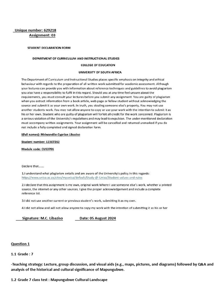 MOD CUS3701 Assignment 03 | PDF | Educational Assessment | Learning