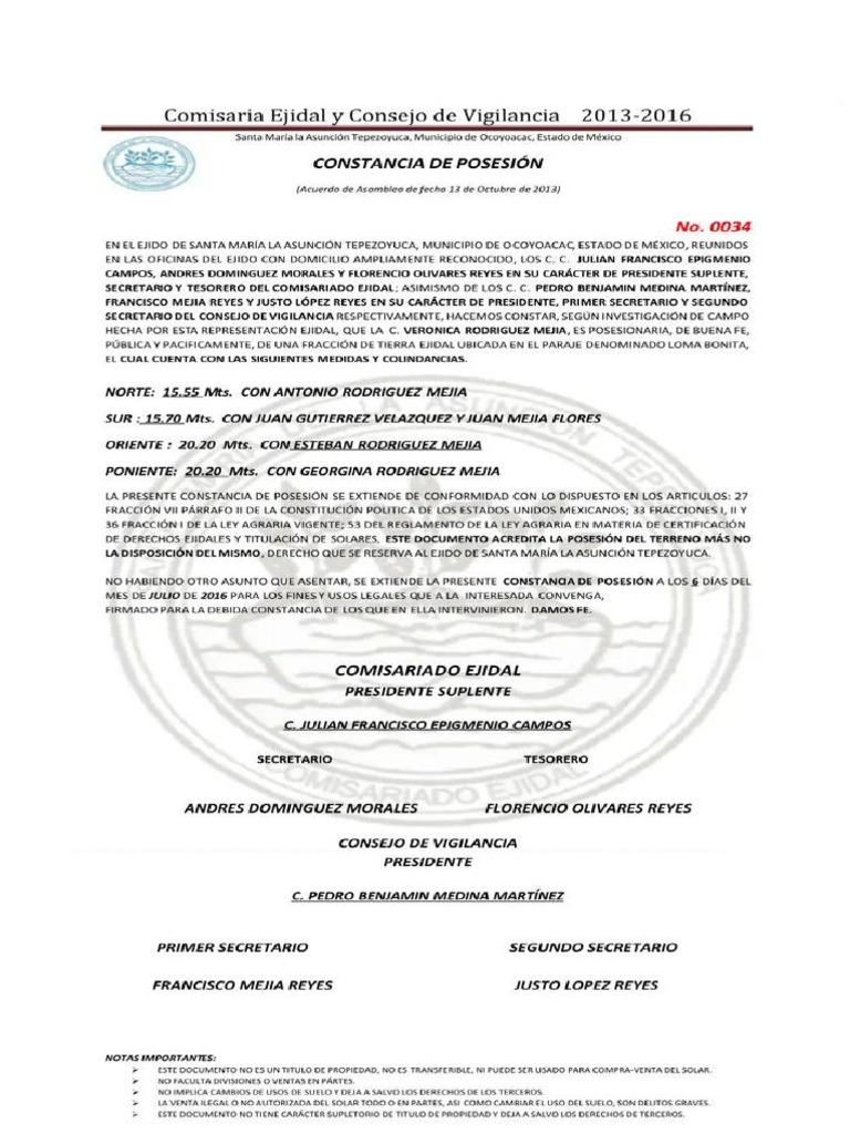 Constancia de Posesion Ejidal Ejemplo | PDF