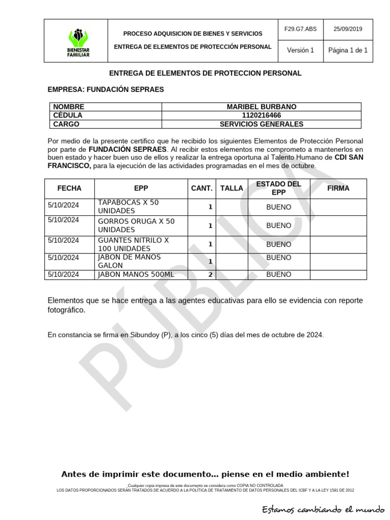 Acta Entrega Epp Atencion Bioseguridad Oct | PDF