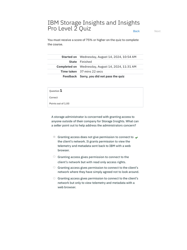 IBM Storage Insights and Insights Pro Level 2 Quiz_ Attempt review | PDF | Computer Data Storage ...