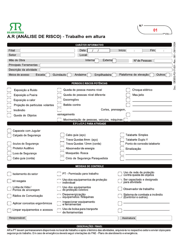 A.R. Analise de Risco - Trabalho em Altura | PDF