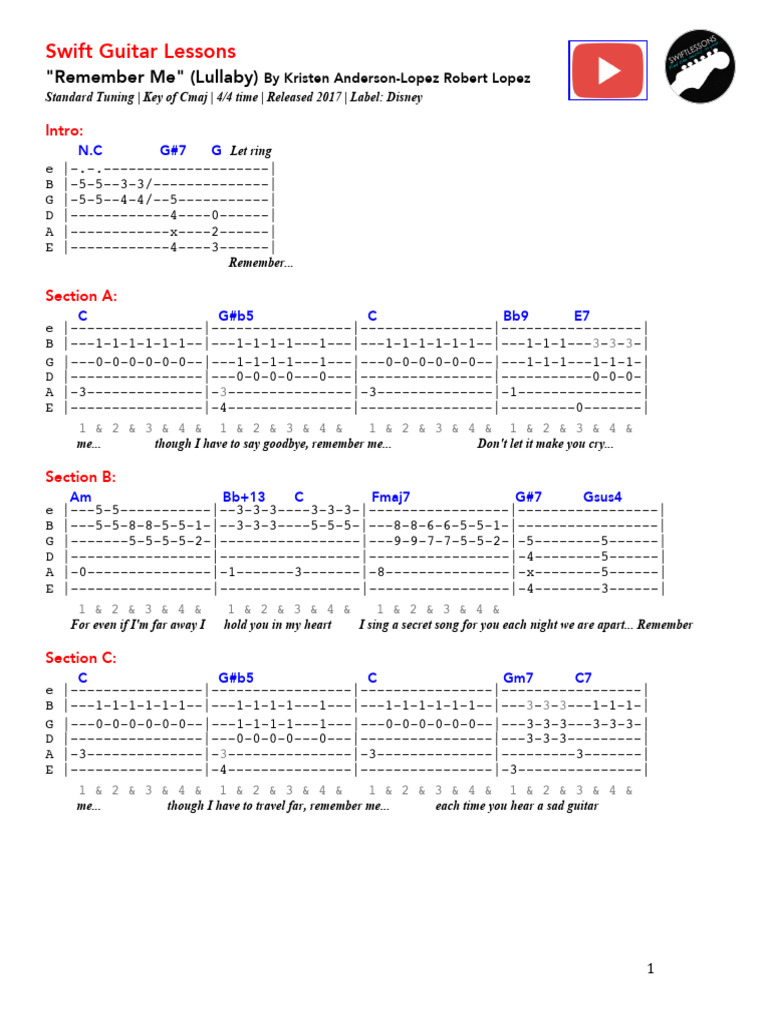 Coco - Remember Me Lullaby - Tabs | PDF | Songs Written | American ...