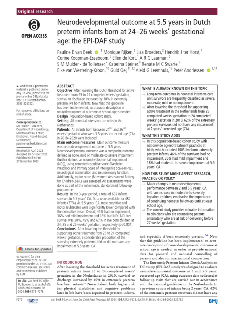 Neurodevelopment in Dutch Preterm Infants | PDF | Preterm Birth | Human ...