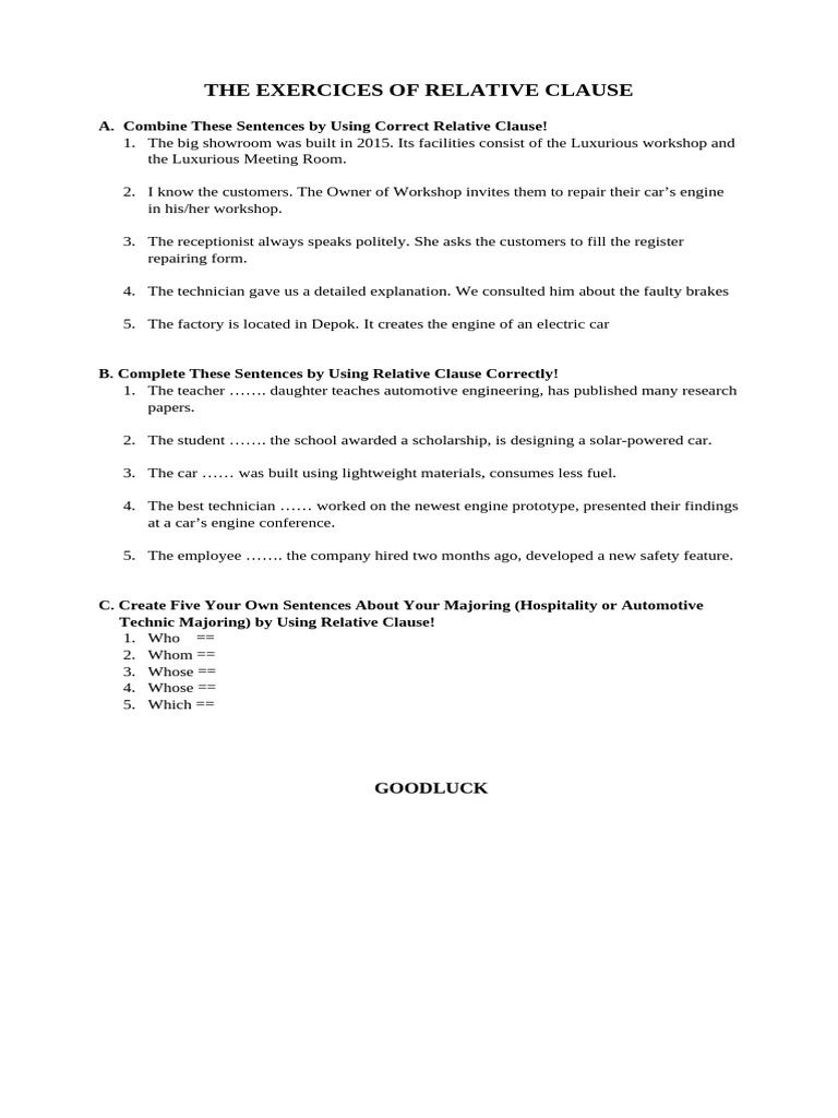 Relative Clause Exercises for Students | PDF