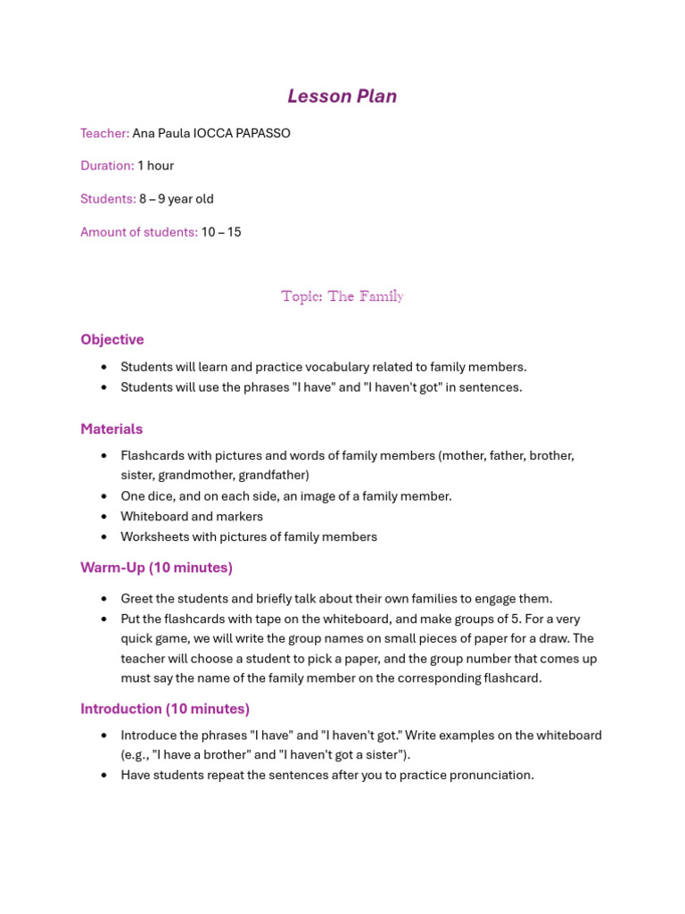 Family Vocabulary Lesson Plan for Kids | PDF | Lesson Plan | Human ...