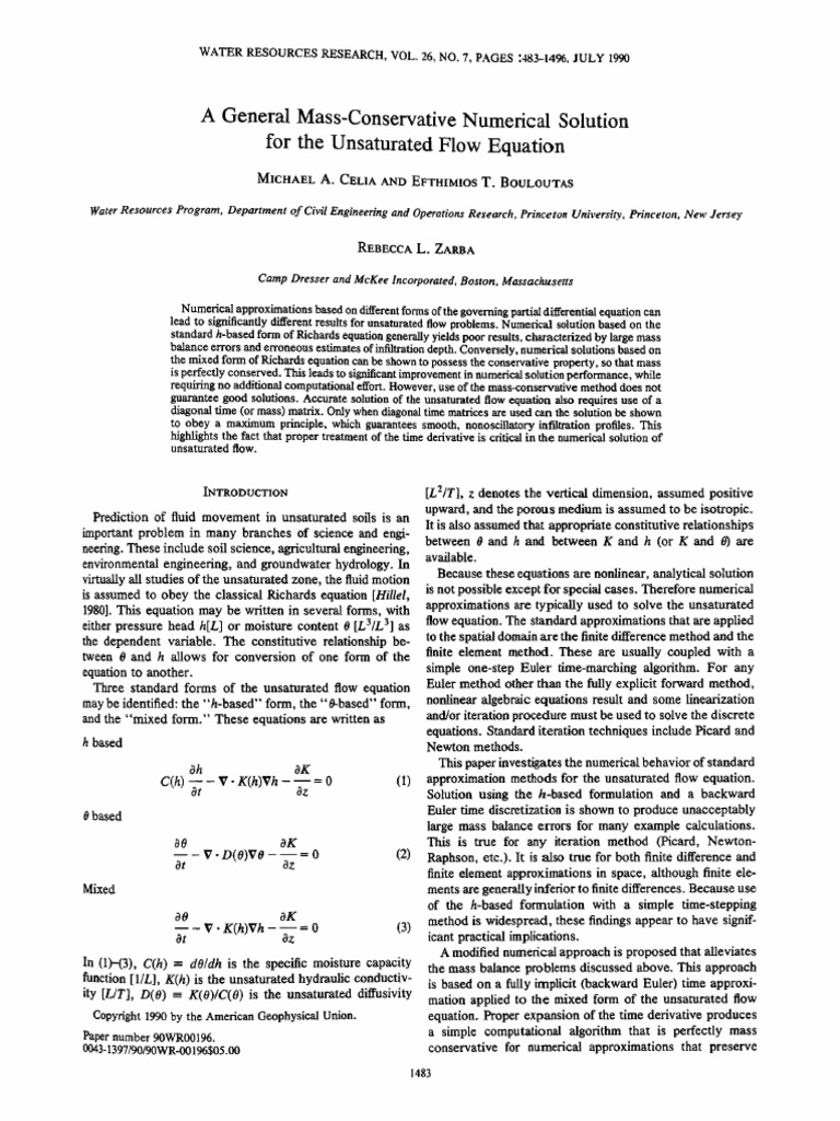 Celia 1990 A General Mass Conservative Numerical Solution For The Unsaturated Flow Equation ...