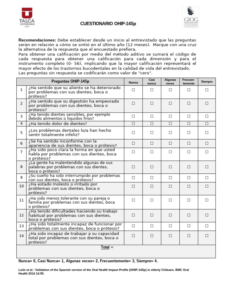 Evaluación OHIP-14Sp: Impacto Bucal | PDF