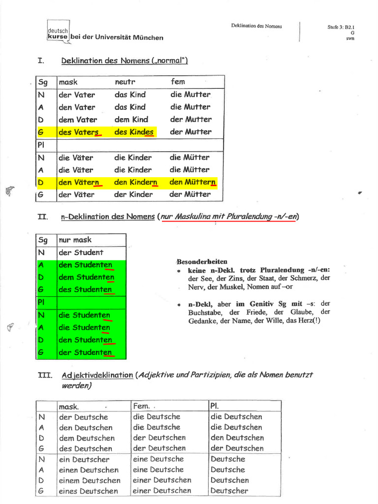 B2.1 - Gr8 - Deklination Der Nomen Info - BEARBEITET | PDF